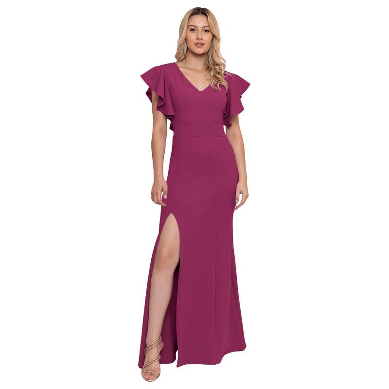 Vestido Longo Madrinha Manga Babado Costas X com Fenda Festa Casamento ...