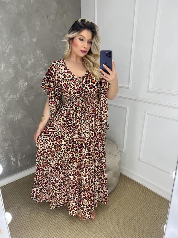 Vestido longo Manga Curta Inspiração Farm Toque seda india - dee ...