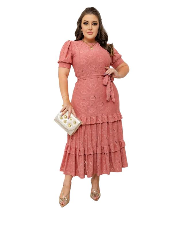 Vestido Midi Feminino Malha Lese Manga Curta Plus Size Moda Crista ...