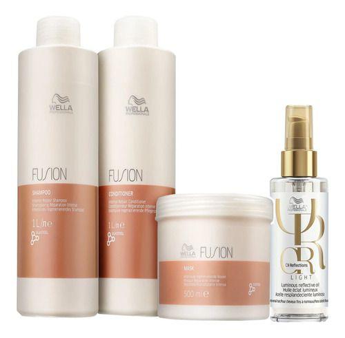 Wella Fusion Kit Sh 1L + Cond + Másc + Oil Ref Light 100ml - Kit de ...