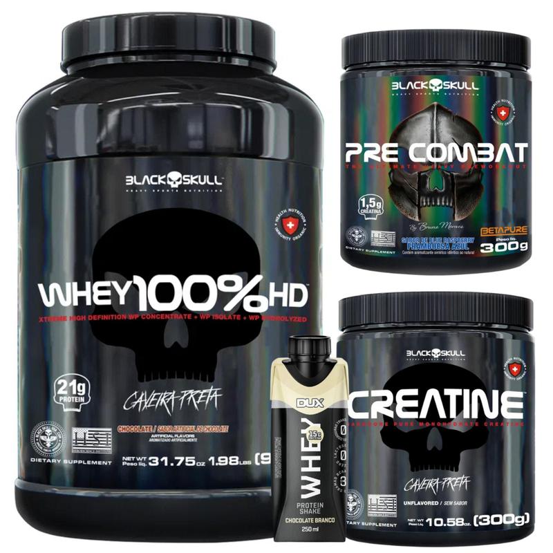 Whey 100% HD - 900G + Pré-Combat 300g - Pré Treino + Creatina Mono - 300g - Black + Whey Shake ...