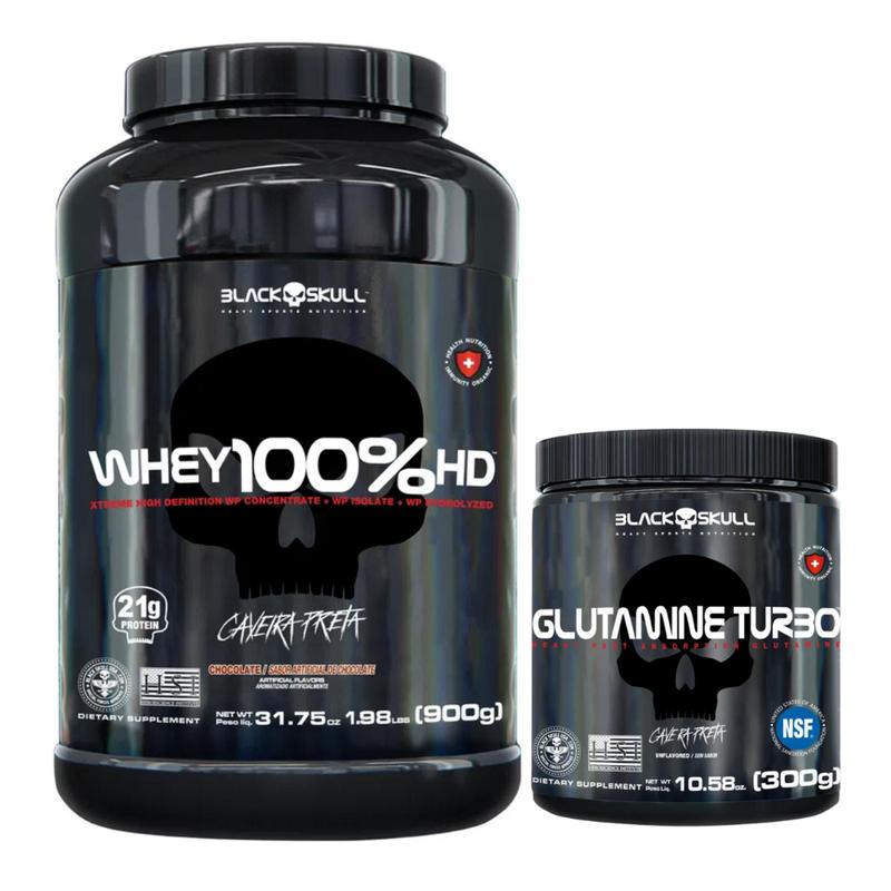 Whey 100% HD - Black Skull- 900G (WPC, WPI E WPH) + Glutamina Turbo - 300g - Black SKull - Whey ...