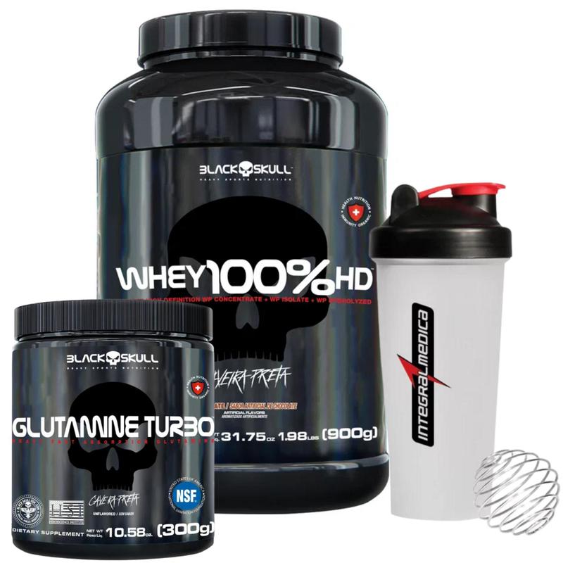 Whey 100% HD - Black Skull- 900G (WPC, WPI E WPH) + Glutamina Turbo - 300g + Coqueteleira - IM ...