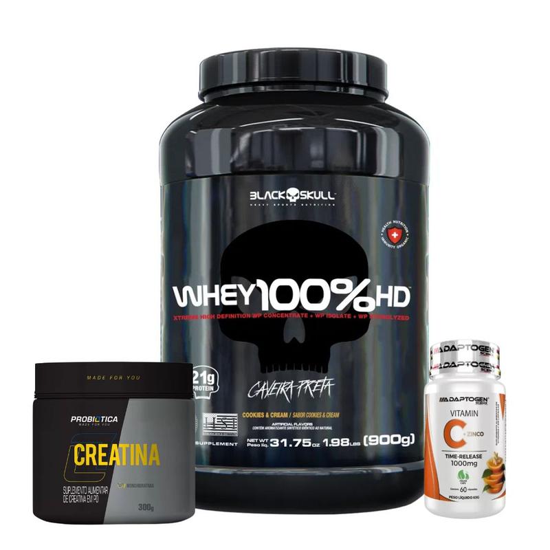 Whey 100% HD Black Skull Chocolate 900g (WPC, WPI E WPH) + Creatina ...