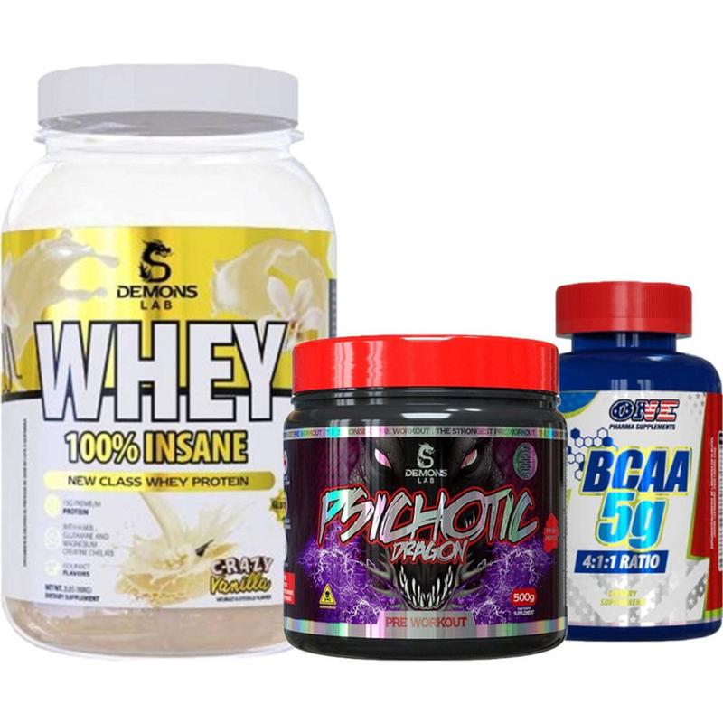 Whey 100 insane demons lab + psichotic dragon 500g demons lab + bcaa 120 capsulas one pharma ...