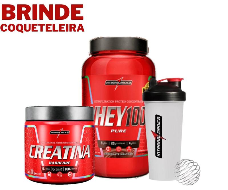 Whey 100% Integralmedica + Creatina Integralmedica + Coqueteleira ...
