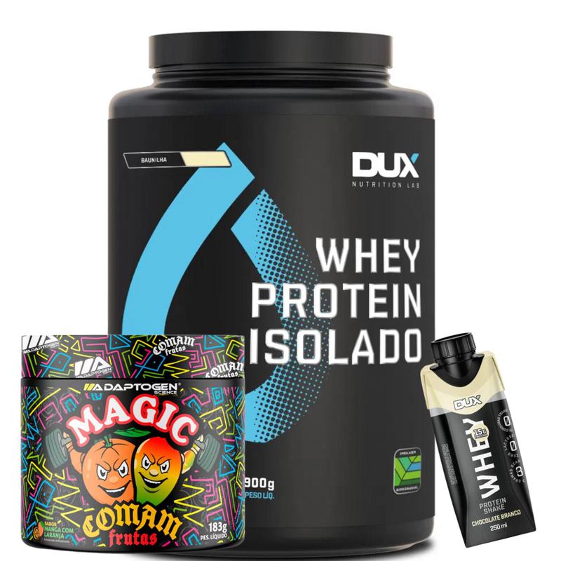 Whey 100% Protein Isolado - 900g - Dux + Magic Pré-treino Comam Frutas ...