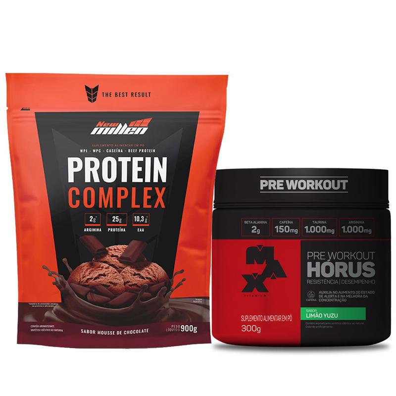 Whey Protein 900g New Millen + Pre treino Horus 300g - Max Titanium ...