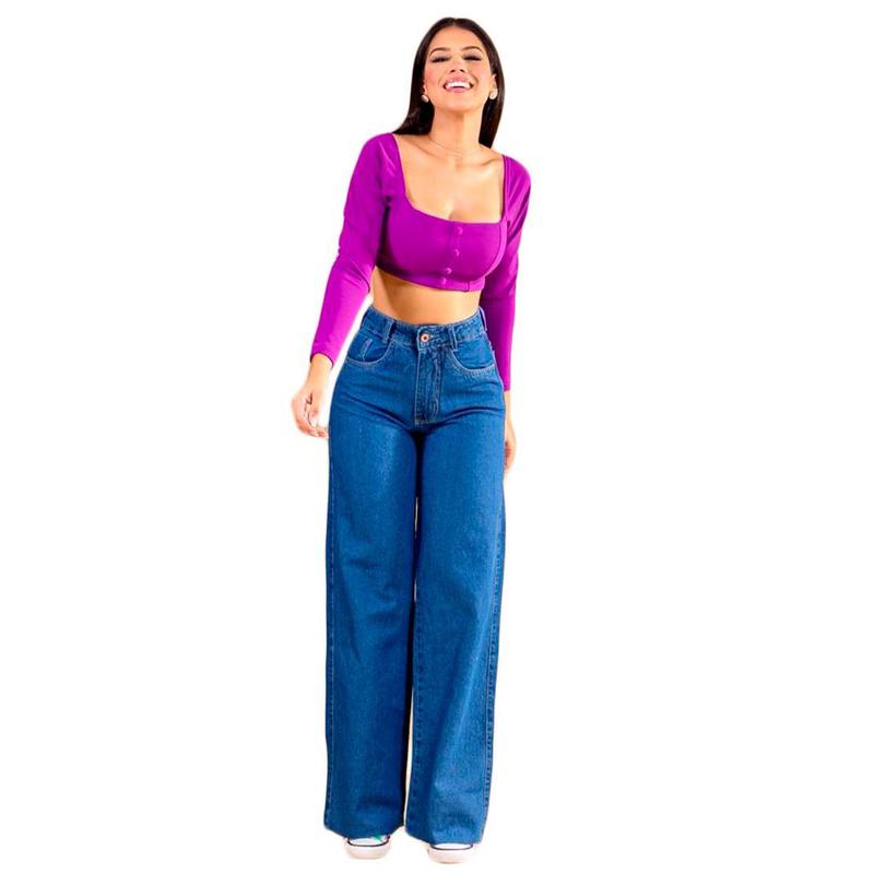 Wide Leg Calça Jeans Feminina Lisa Barra Desfiada - Useconf - Calça ...